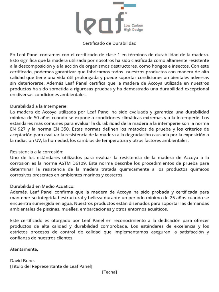 (Logo de Leaf Panel) Certificado de Durabilidad Leaf Panel Certifica Que La Madera de Accoya ...