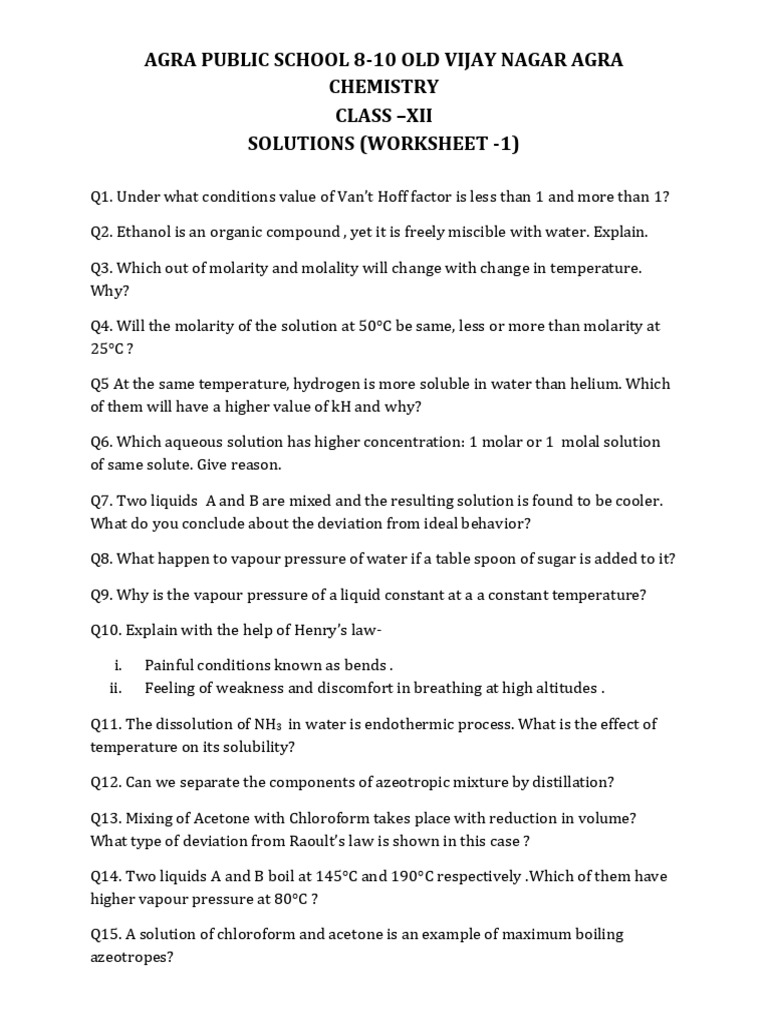 Class XII Chemistry (Solution) Worksheet 1 | PDF | Chemical Substances ...