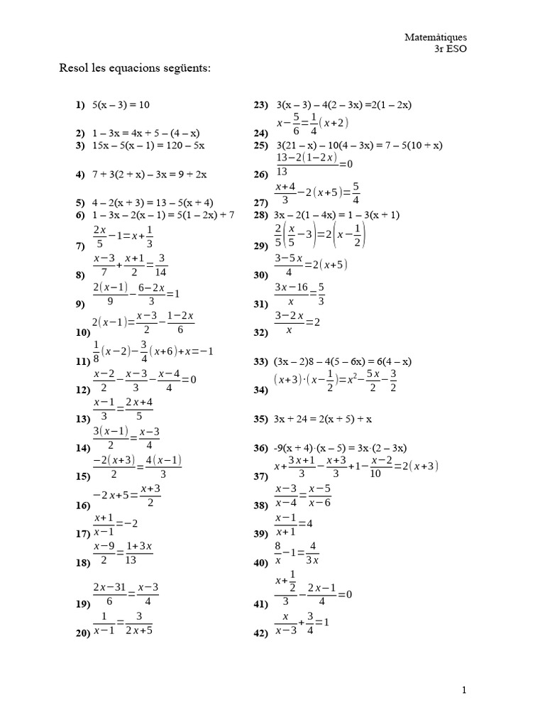 Resol Les Equacions Següents:: Matemàtiques 3r ESO | PDF