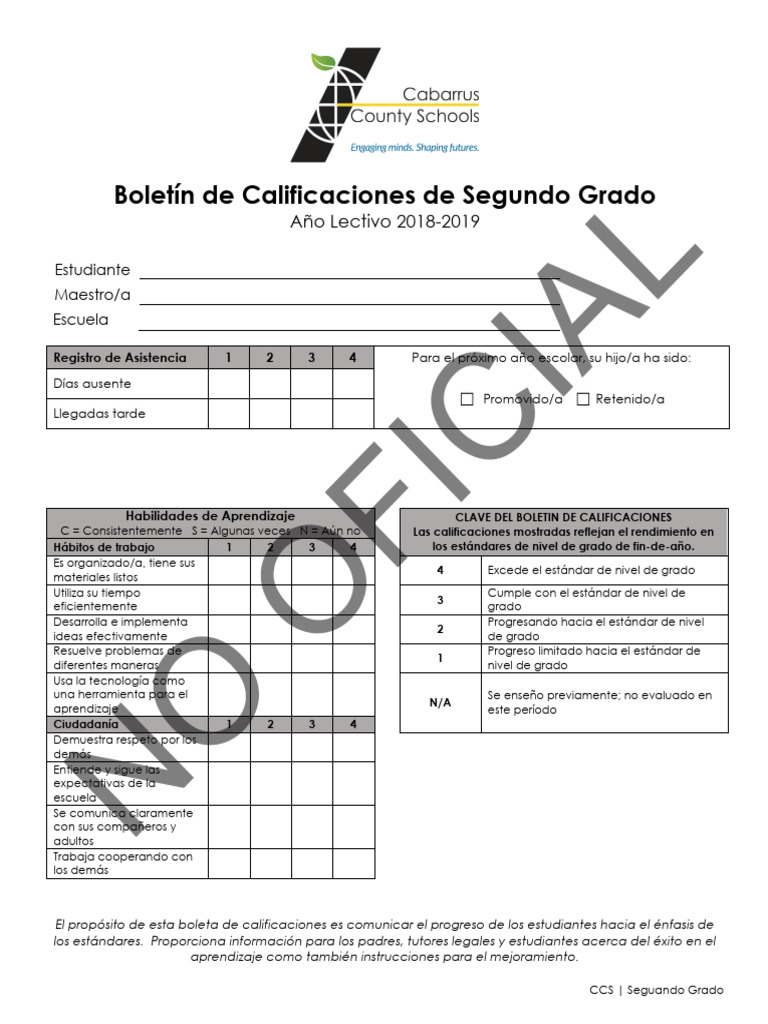 2nd Grade Report Card 18-19 Spanish Unofficial | PDF | Inteligencia ...