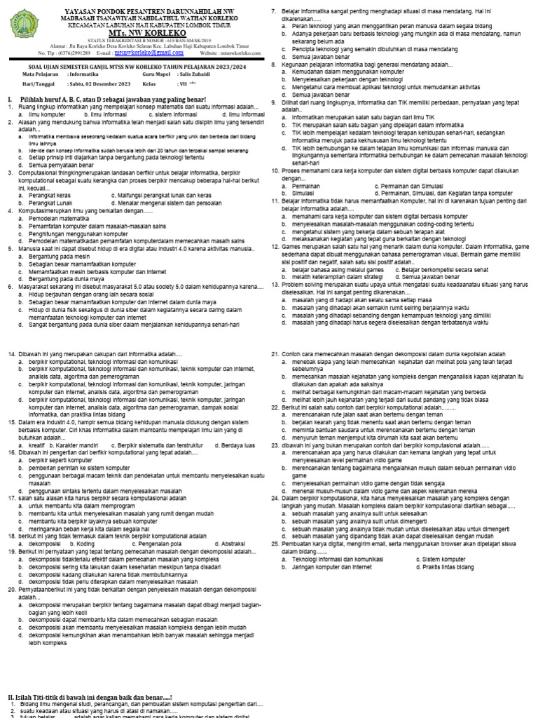 Soal Informatika 7 Ganjil 2023 | PDF | Komputer