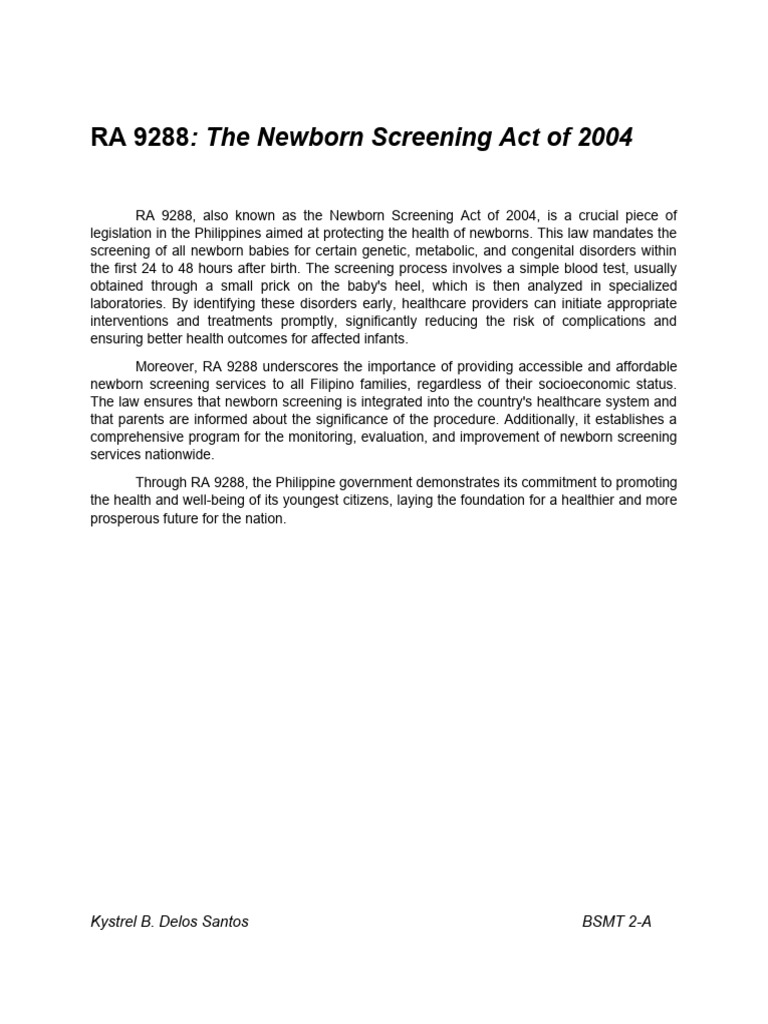 Ra 9288 | PDF | Screening (Medicine) | Infants