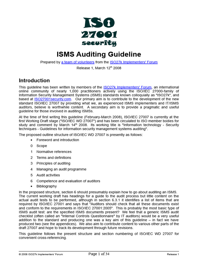 ISO27k ISMS Auditing Guideline Release 1 | PDF | Audit | Information Security