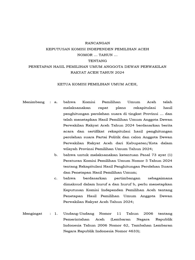 V45. ACEH Template RKep KPU Provinsi Penetapan Hasil Pemilu | PDF