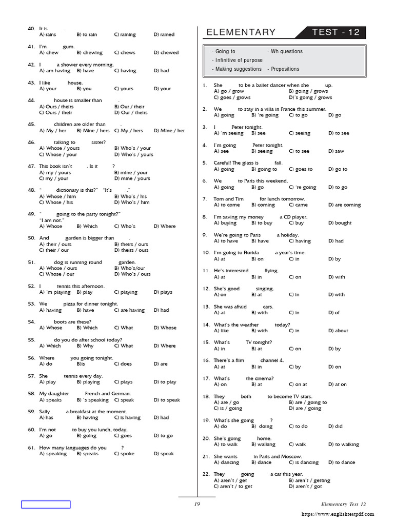 Elementary English Test with Answers | PDF | Language Arts & Discipline
