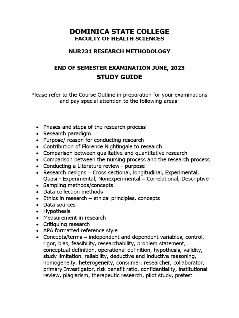 Research Methodology End of Semester Exam Study Guide 2024 | PDF | Self ...