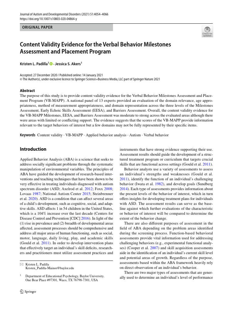 Content Validity Evidence For The Verbal Behavior Milestones Assessment ...