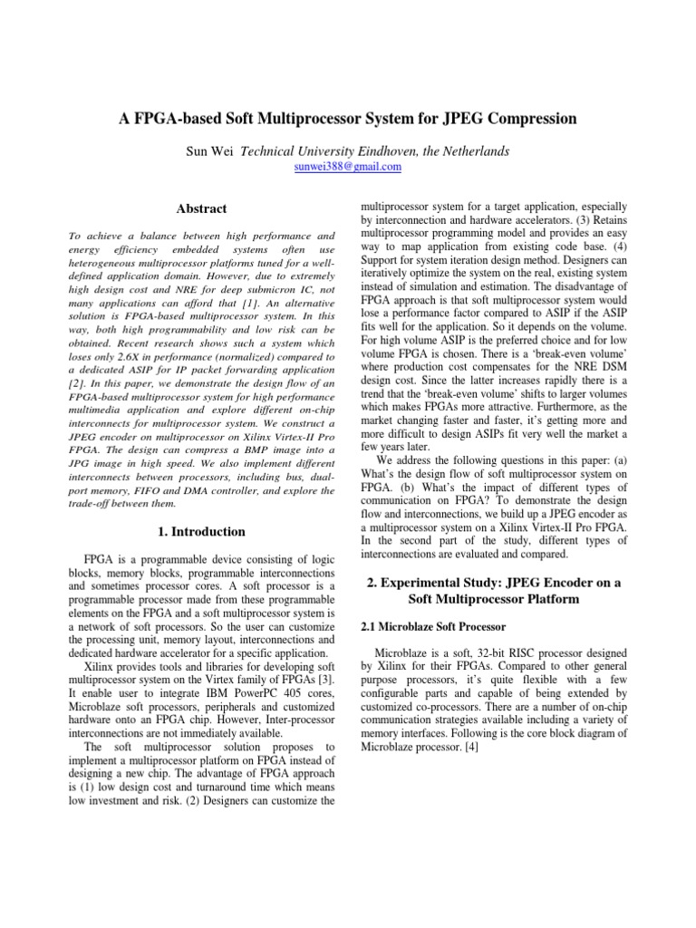 A Fpga Based Soft Multiprocessor System For Jpeg Compression Download Free Pdf Field