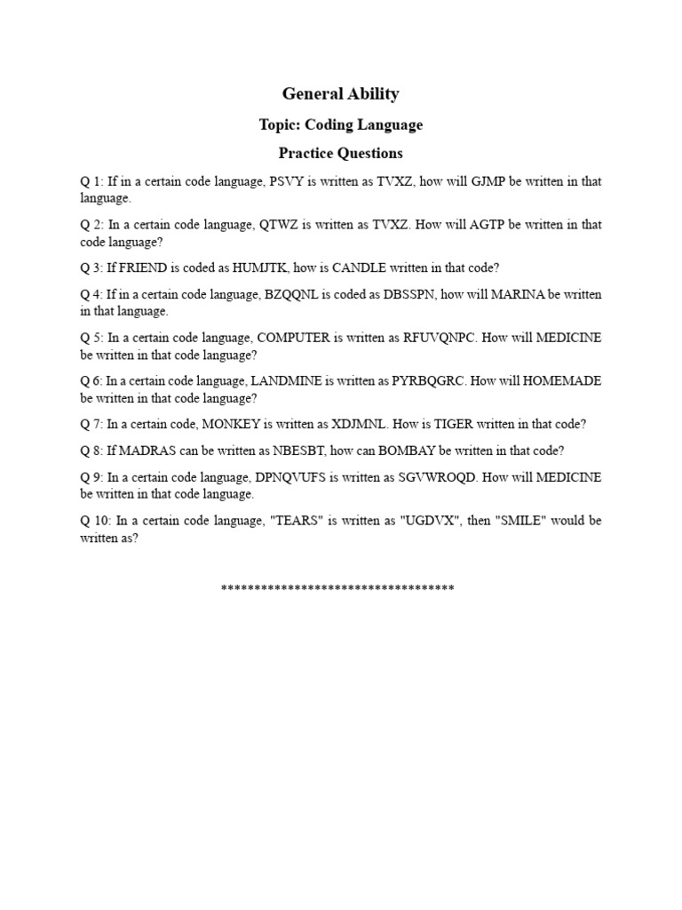 Coding Language, Practice Questions | PDF | Foreign Language Studies