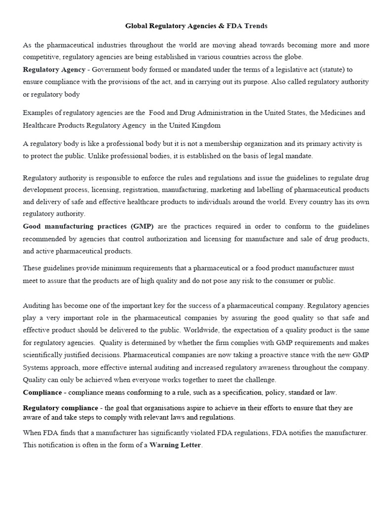 Global Regulatory Agencies & FDA Trends | PDF | Audit