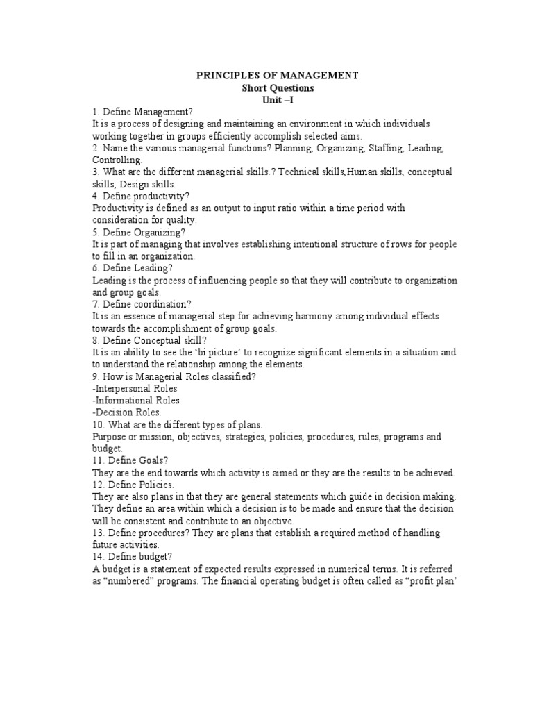 Principles of Management Short Questions Unit - I | PDF | Leadership ...
