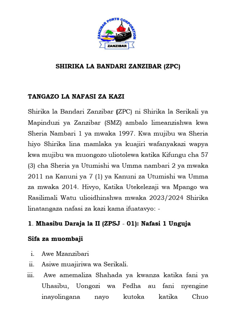 Shirika La Bandari Zanzibar Ajira | PDF