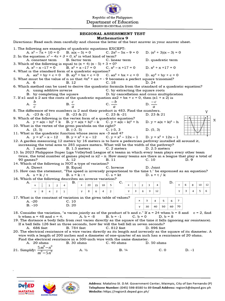 RAT Mathematics Grade 9 One Page | PDF | Quadratic Equation | Triangle