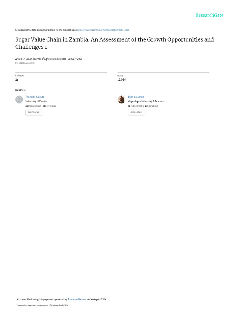 Sugar Value Chain in Zambia: An Assessment of The Growth Opportunities ...