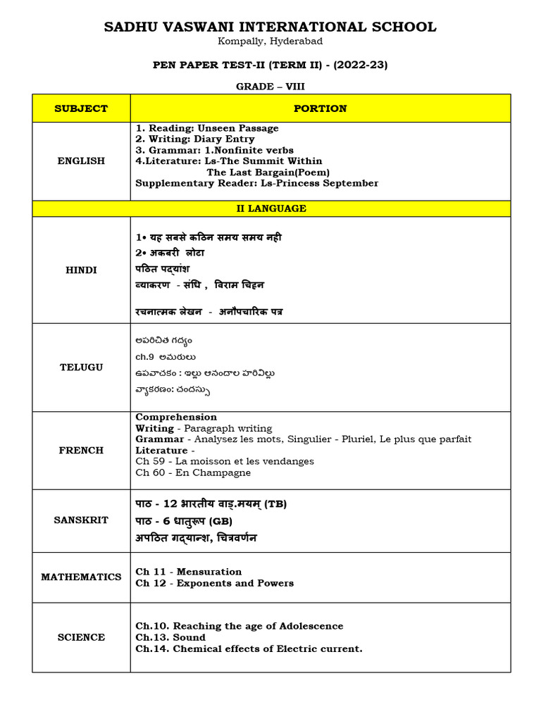 Grade VIII Term II Exam Portions 2022-23 | PDF | Linguistics | Languages