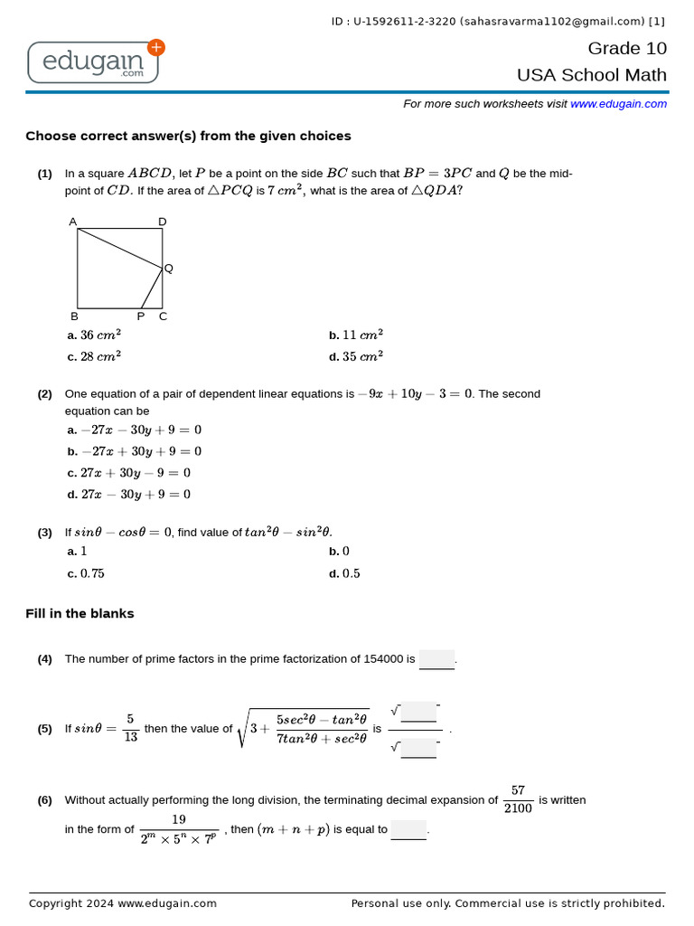 Grade10 1592611 2 3220.q | PDF | Area | Elementary Mathematics