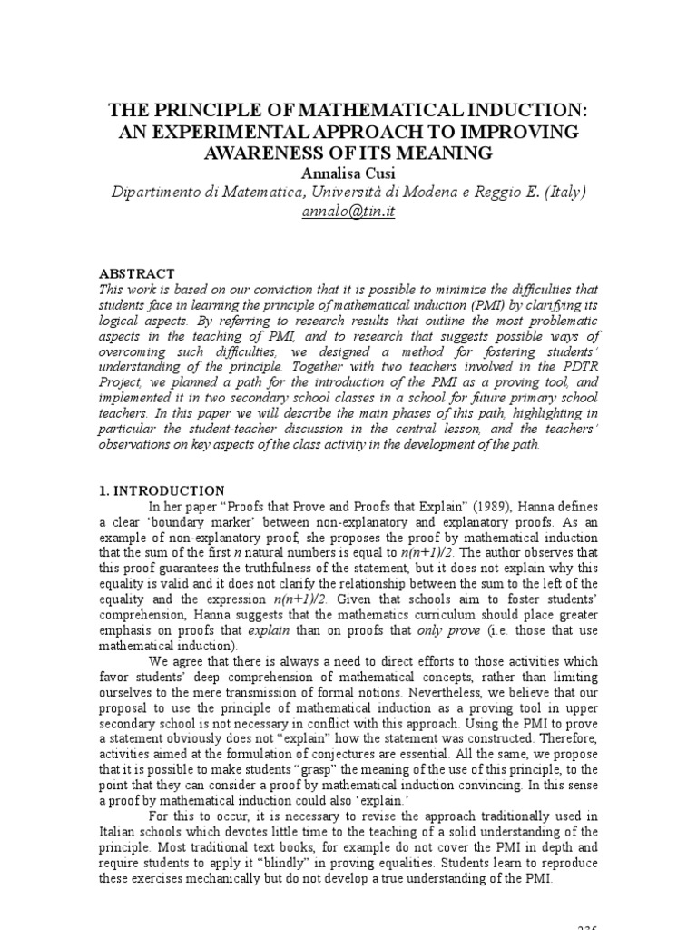 The Principle of Mathematical Induction: An Experimental Approach To ...