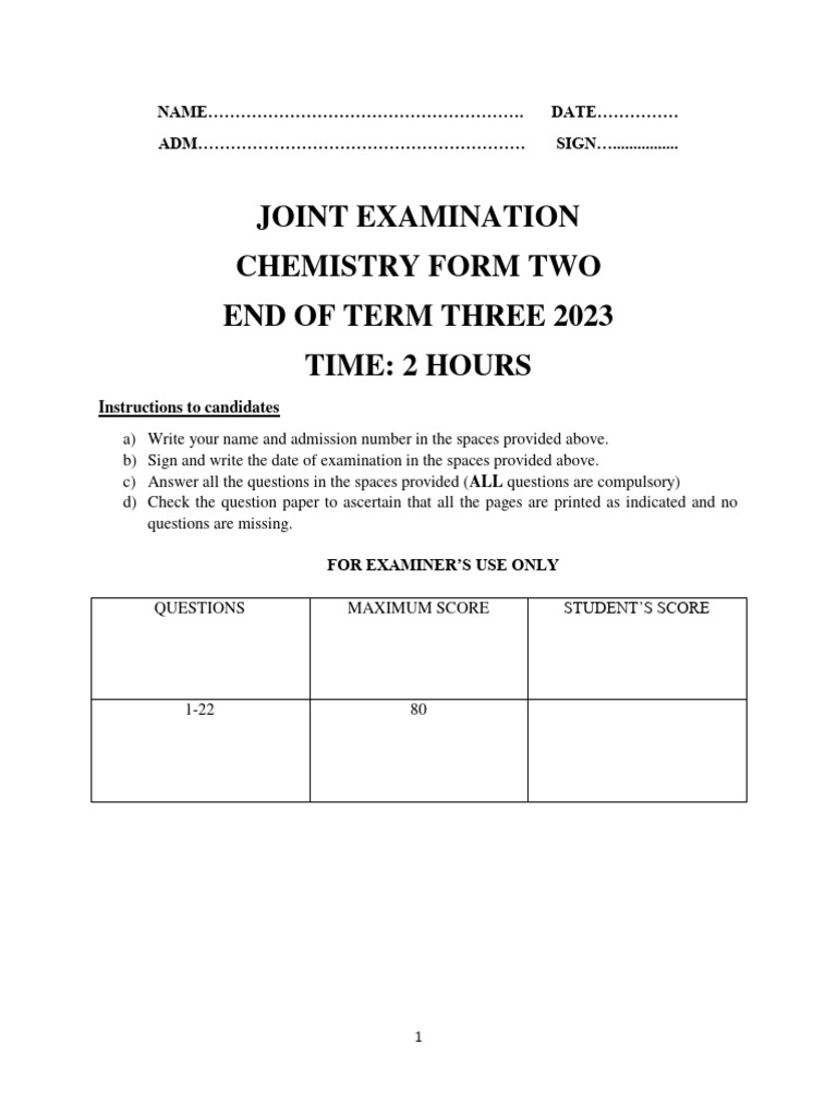 Chemistry Form 2 Exam 2023 | PDF | Chemical Elements | Chemical Compounds