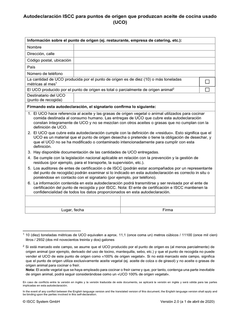 ISCC Self Declaration UCO V2.0 ES-2 | PDF | Aceite vegetal | Residuos