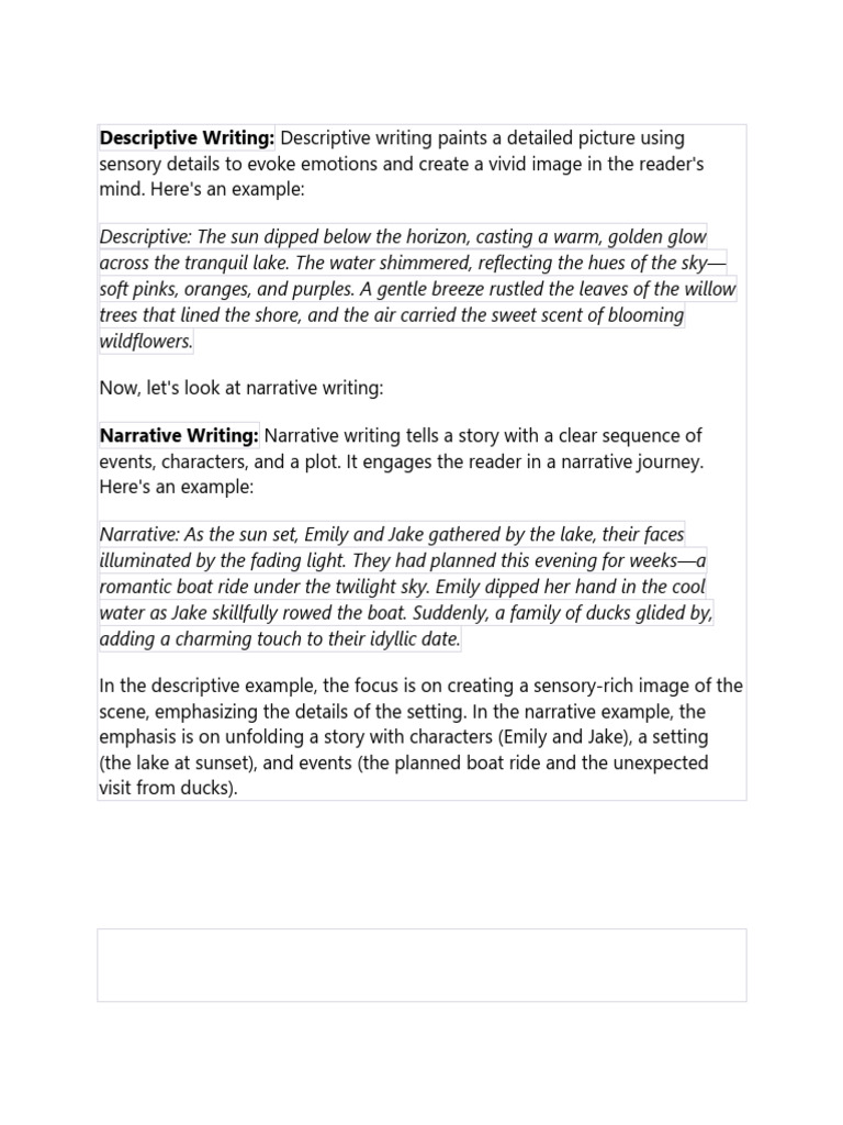 Descriptive vs. Narrative Writing Guide | PDF | Sunset | Sky