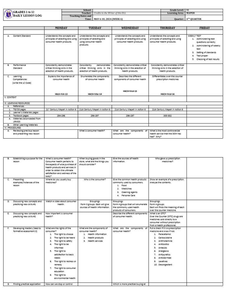 DLL_MAPEH 6_Q4_W6 | PDF | Over The Counter Drug | Behavior Modification