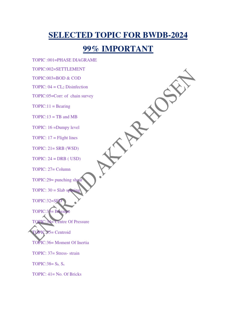 BWDB-2024 Civil Engineering Topics | PDF | Pressure | Soil Mechanics