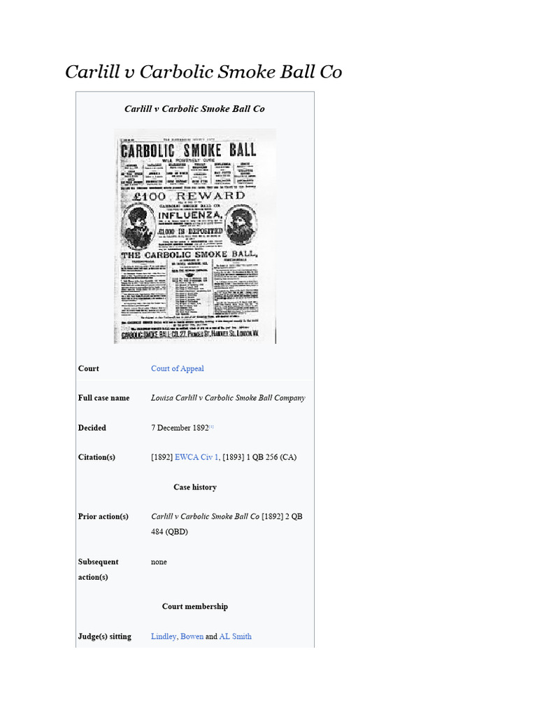 Carlill V Carbolic Smoke Ball Co | PDF | Justice | Crime & Violence