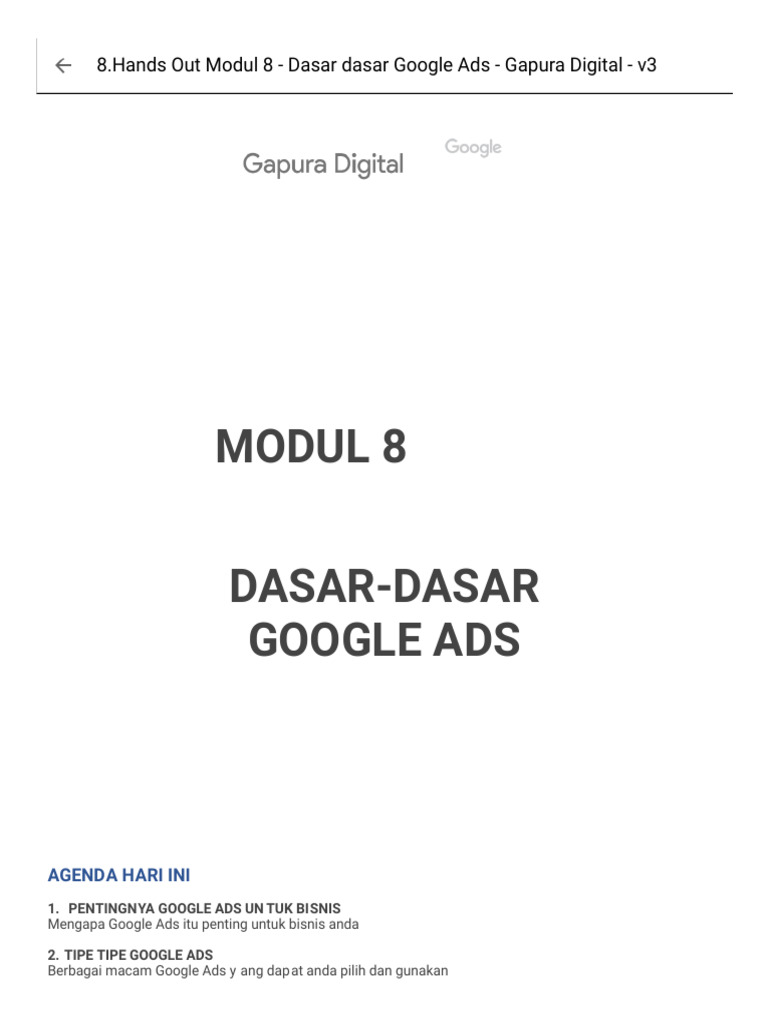 8.hands Out Modul 8 - Dasar Dasar Google Ads - Gapura Digital - v3 | PDF