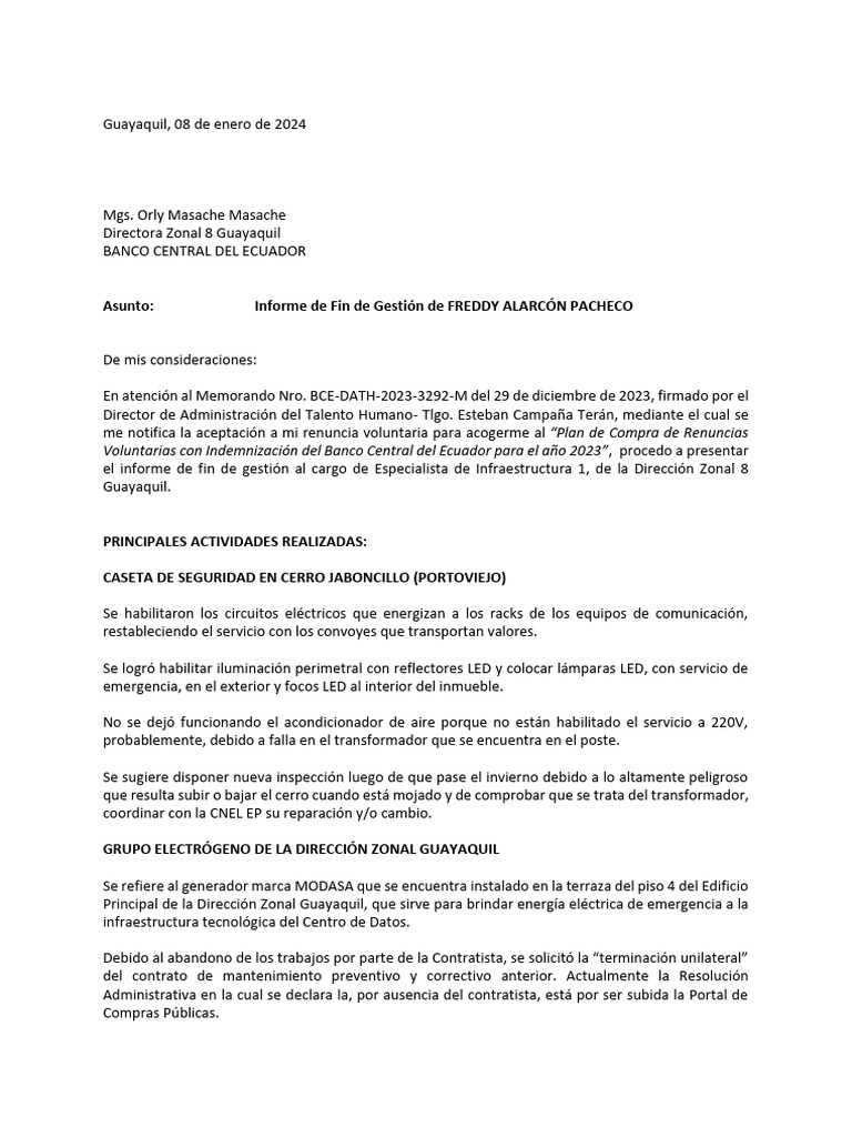 Informe de Gestión de Freddy Alarcón | PDF | Ecuador | Centro de datos