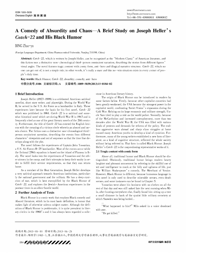 A Comedy of Absurdity and Chaos-A Brief Study On Joseph Heller's Catch-22 and His Black Humor | PDF