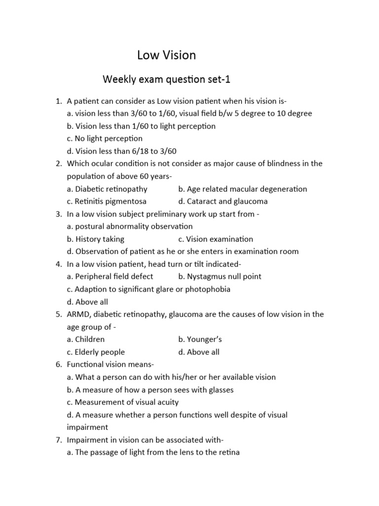 Low Vision Assessment MCQs | PDF | Visual Impairment | Visual Perception