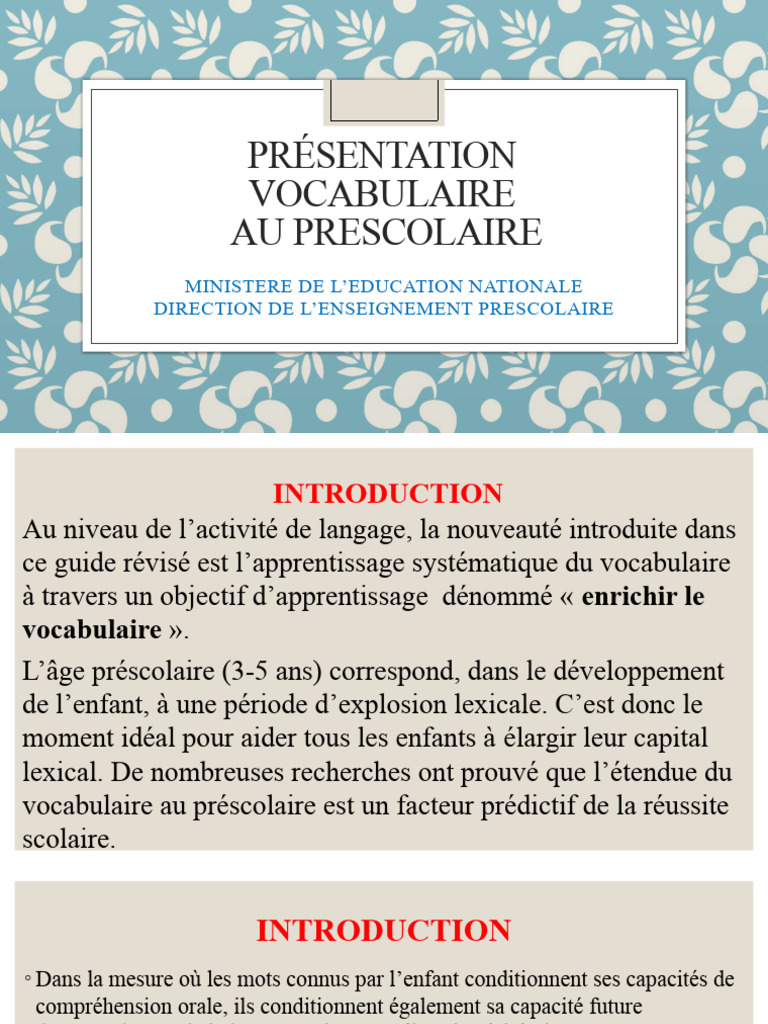 Enrichir le Vocabulaire au Préscolaire | PDF | Lexique | Linguistique
