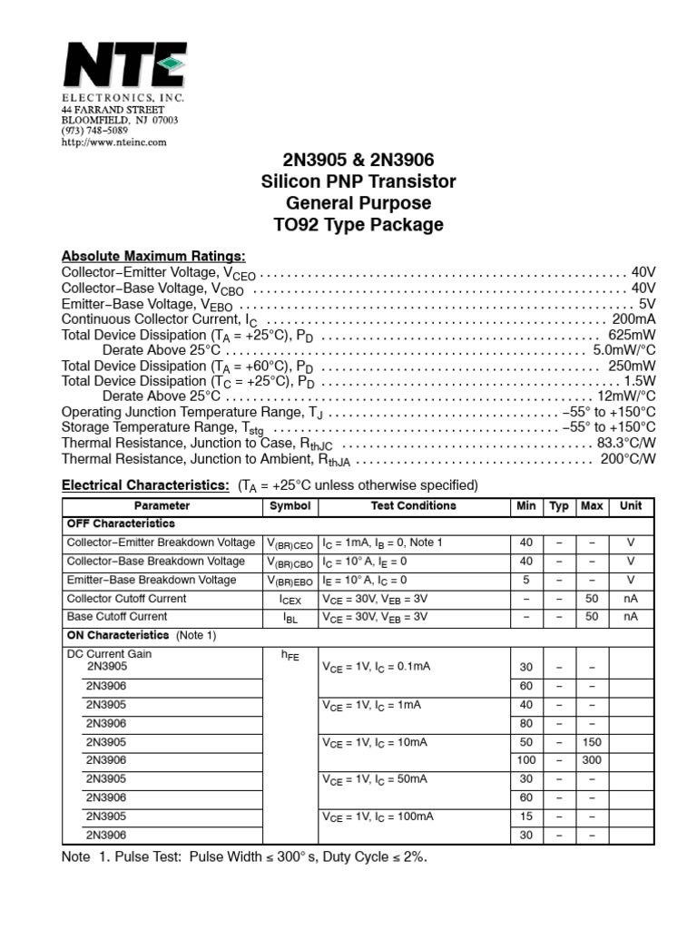2N3905 Nte | Download Free PDF | Bipolar Junction Transistor ...