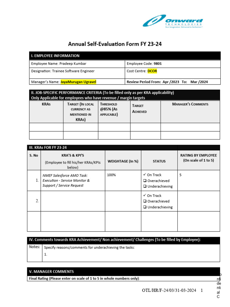 Annual Self Evaluation - Form - 23 - 24 - Pradeep - Kumbar | PDF | Business