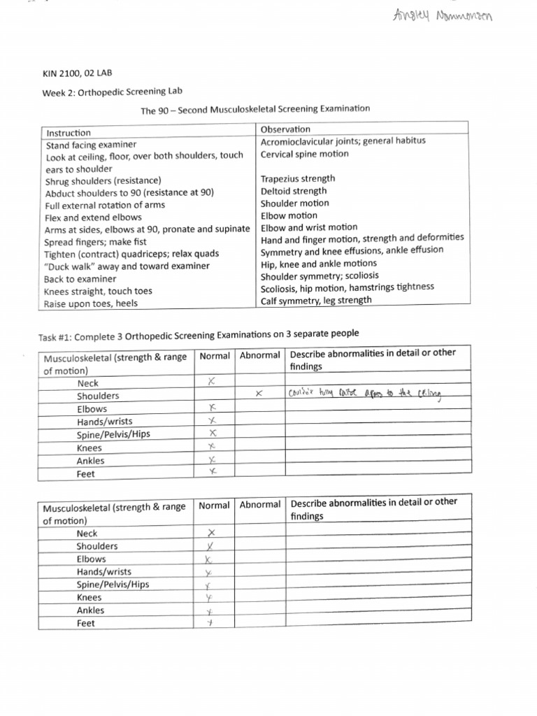 Lab Activity - Orthopedic Screening | PDF