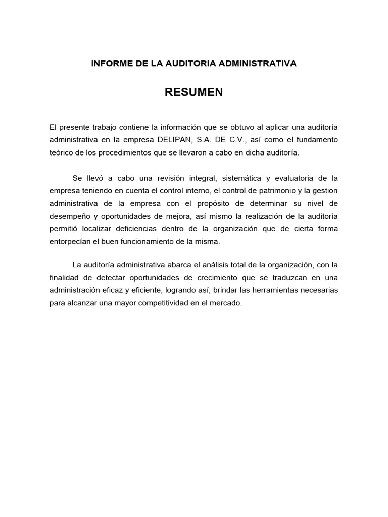 Auditoría Administrativa en DELIPAN S.A. | PDF | Auditoría | Business