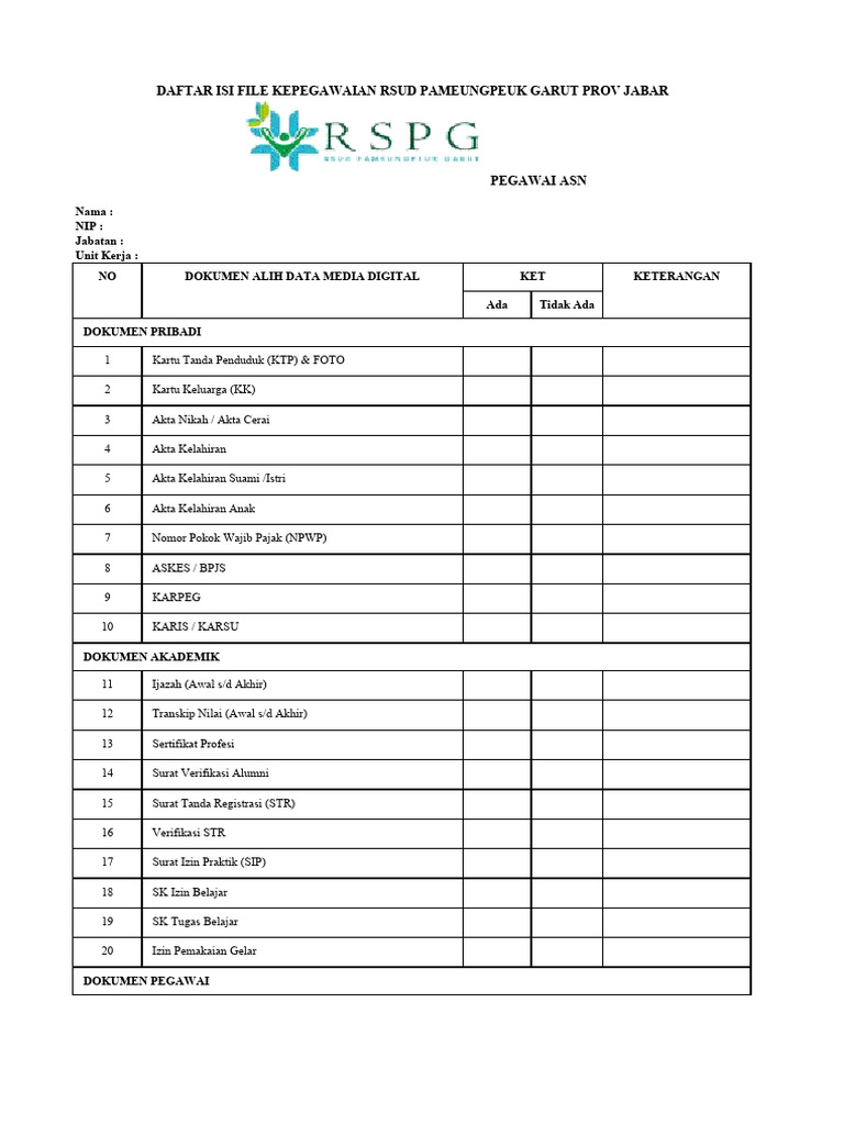 Format Daftar Ceklis Dokumen Kepegawaian | PDF