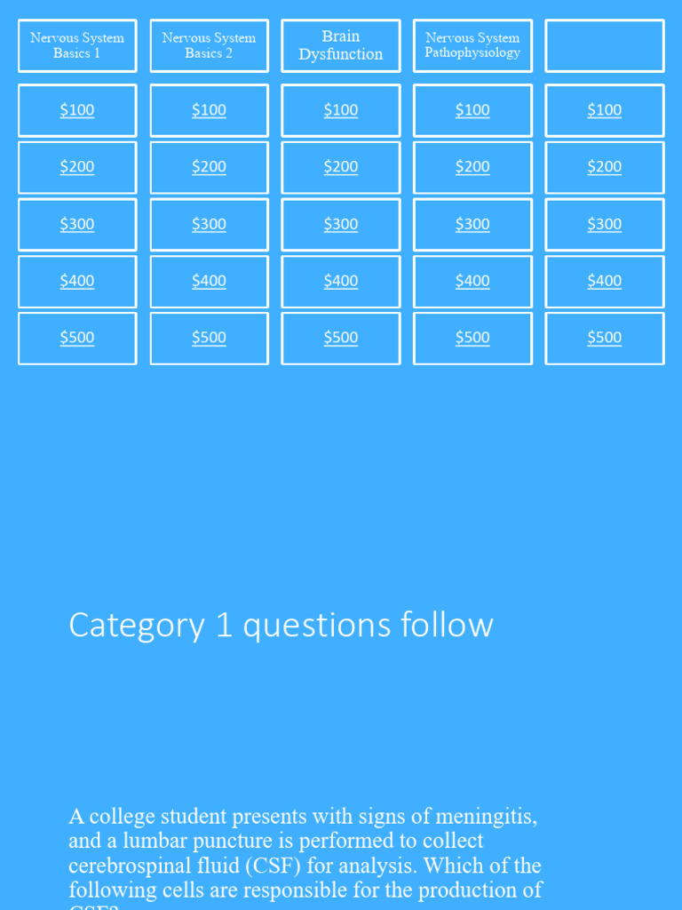 Neuro Jeopardy: Nervous System Quiz | PDF | Motor Neuron | Axon