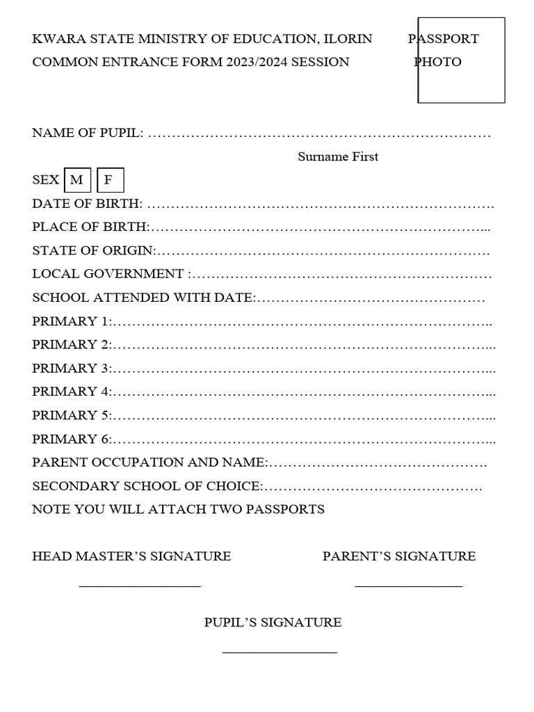 Common Entrance Form | PDF