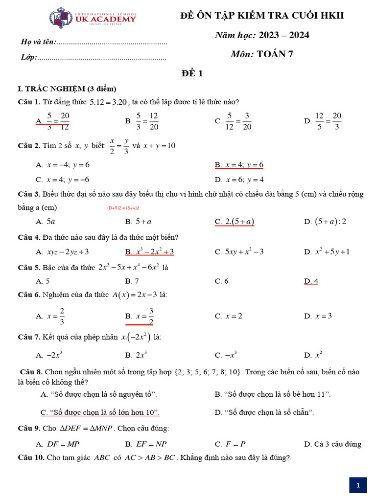 ĐỀ ÔN TẬP TOÁN 7 | PDF