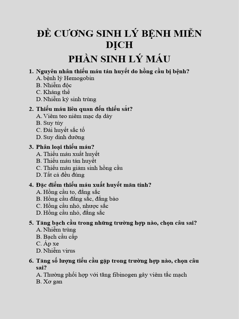 ĐỀ CƯƠNG SINH LÝ BỆNH MIỄN DỊCH | PDF