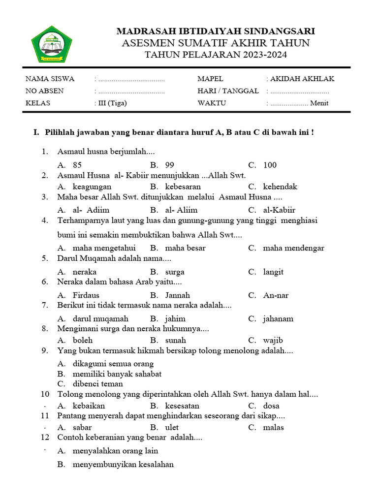Soal Pat Akidah Akhlak Kelas 3 | PDF