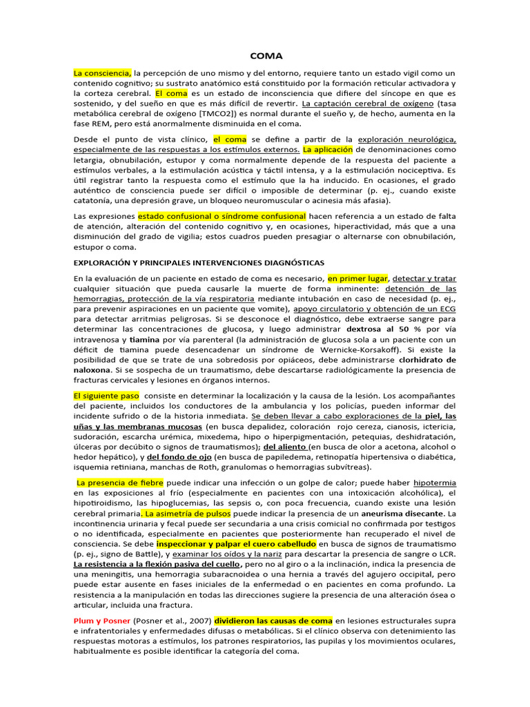 Resumen Coma | PDF | Coma | Cerebro