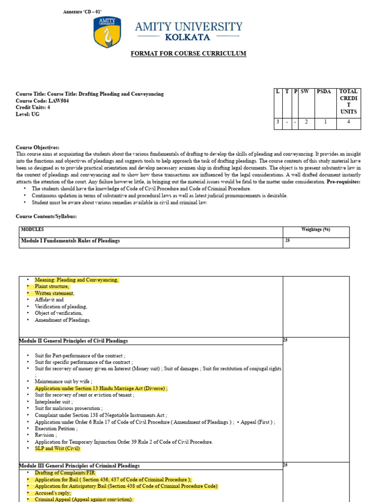 Drafting Pleading and Conveyancing Syllabus | PDF | Lawsuit | Pleading