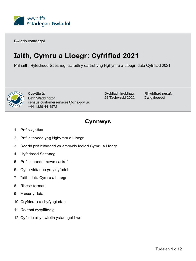 Language England and Wales Census 2021 Welsh Full Bulletin | PDF
