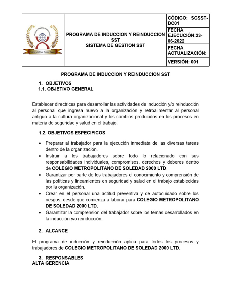Programa de Induccion y Reinduccion SST | PDF | Negocios | Finanzas y dinero