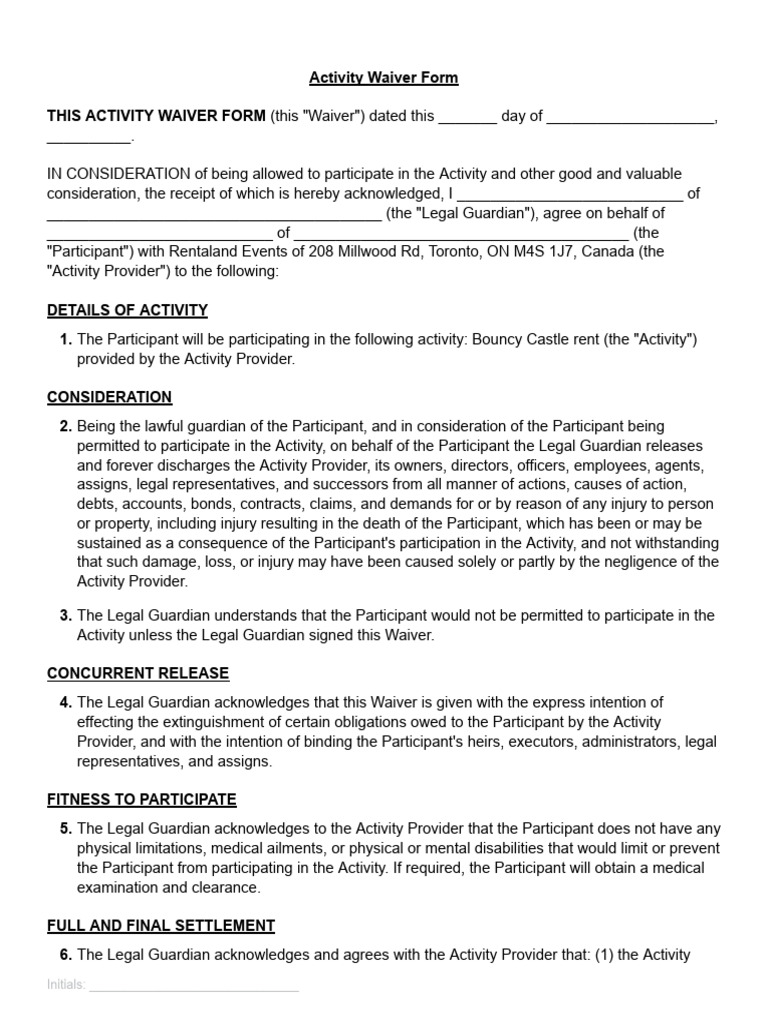 Activity Waiver Form Rentaland | PDF | Consideration | Legal Guardian