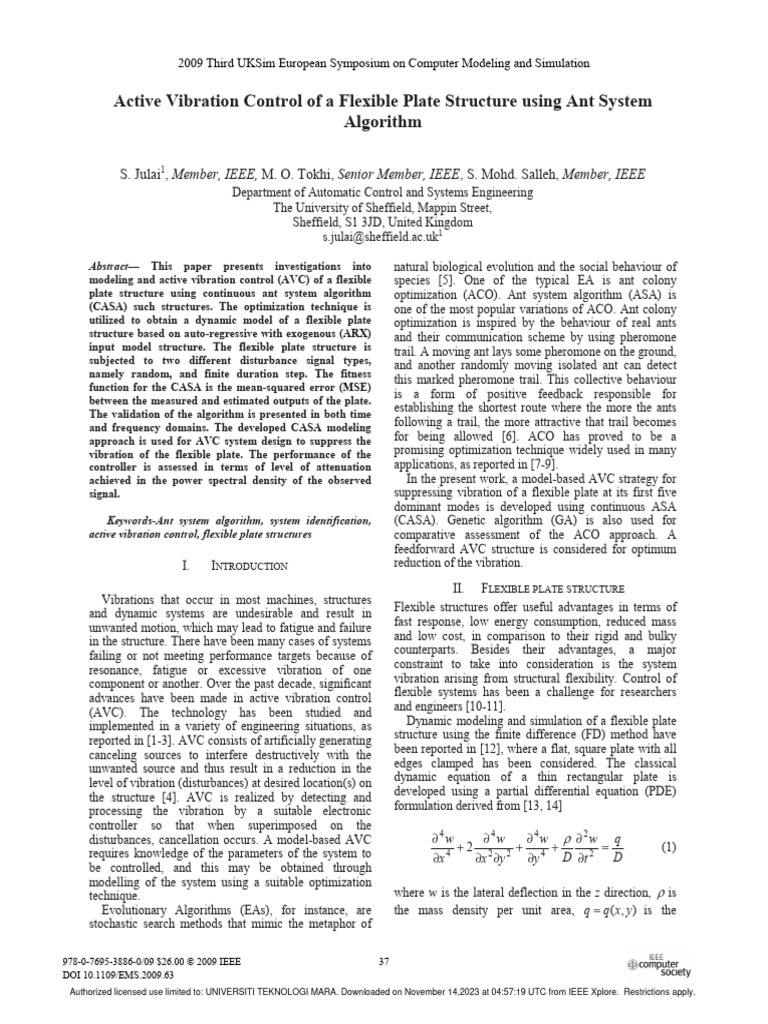 Active Vibration Control Of A Flexible Plate Structure Using Ant System Algorithm Pdf 