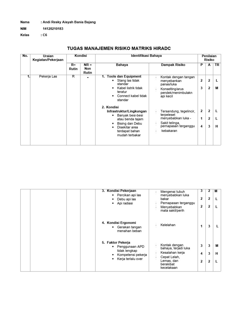 Andi Resky Aisyah 14120210183 Tugas Matriks Penilaian Risiko Salinan Pdf