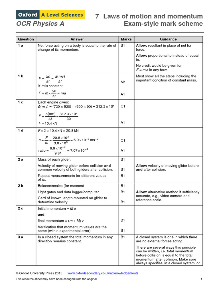 Chapter 7 Test - Mark Scheme | PDF | Momentum | Collision